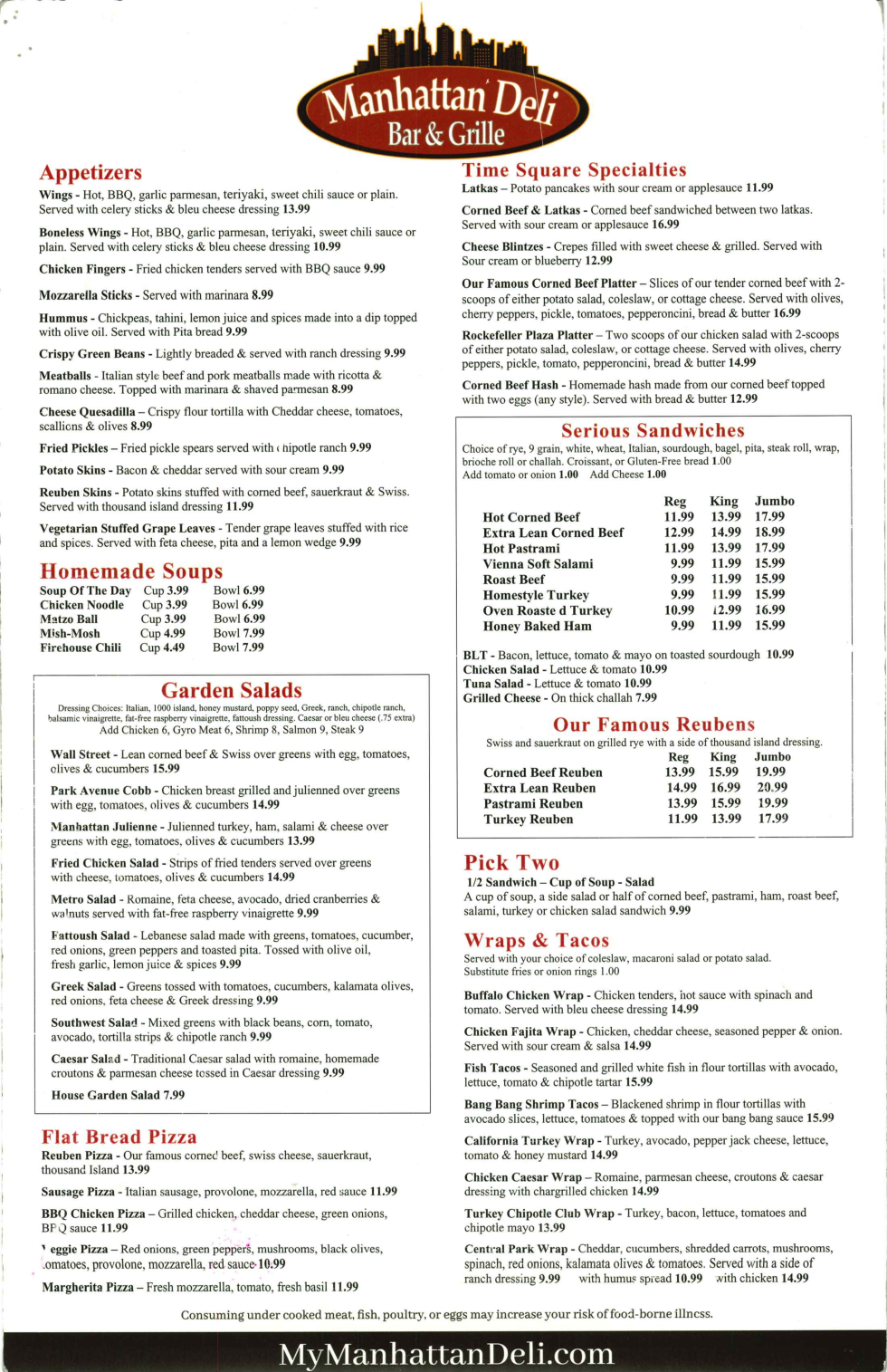 Dinner Menu | Manhattan Deli Bar & Grille